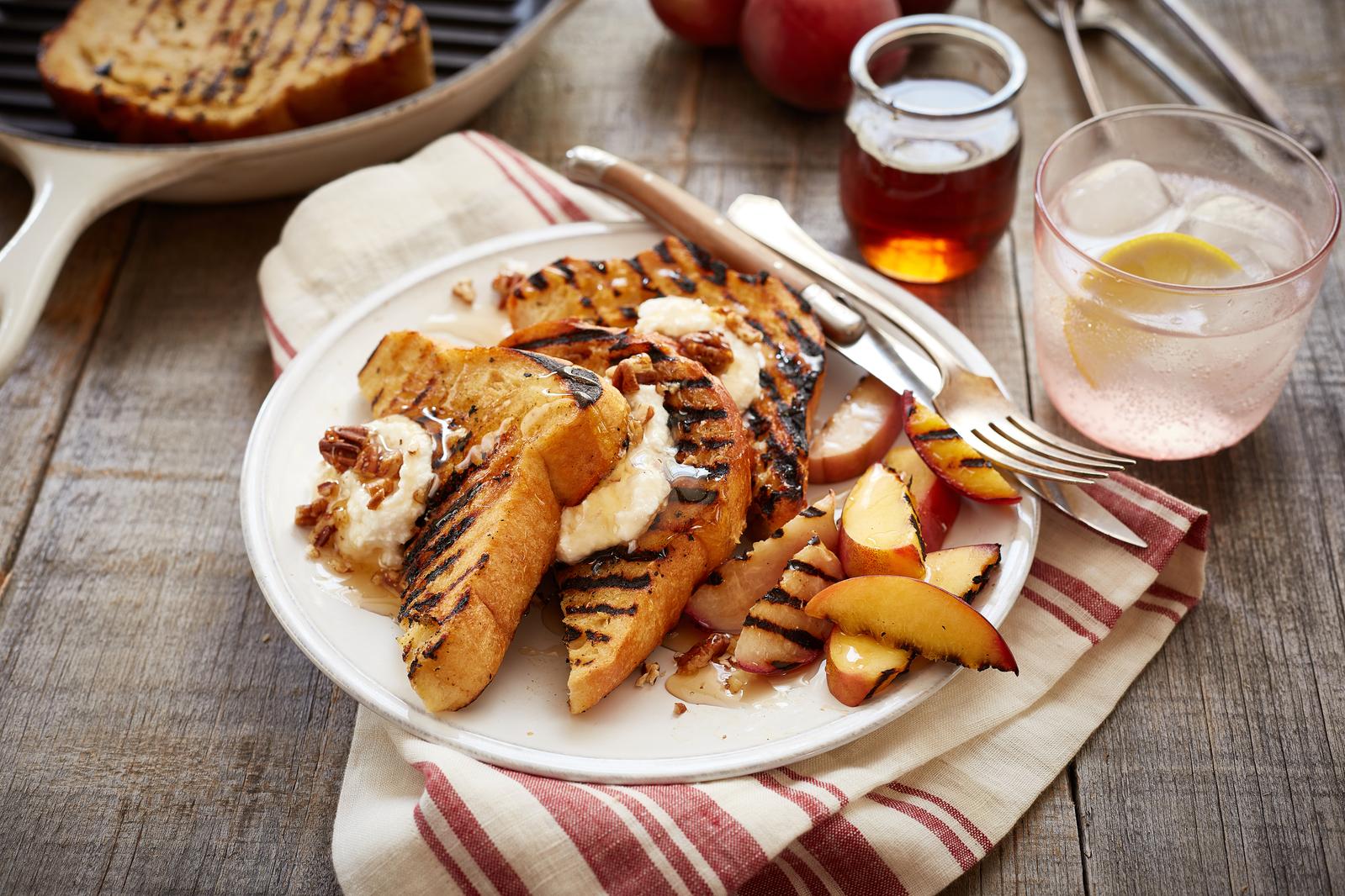 Grilled Peach, Apricot and Sweet Ricotta Layered “Bread Pudding”